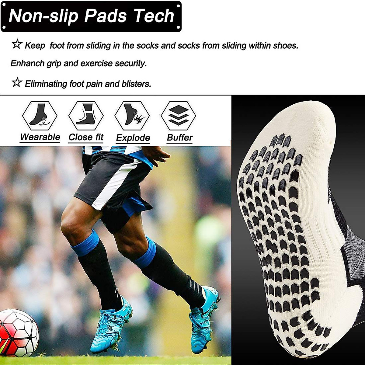 Anti-slip Sock Men Women Non-slip Soccer Basketball Tennis Sport Sock Grip Black Large