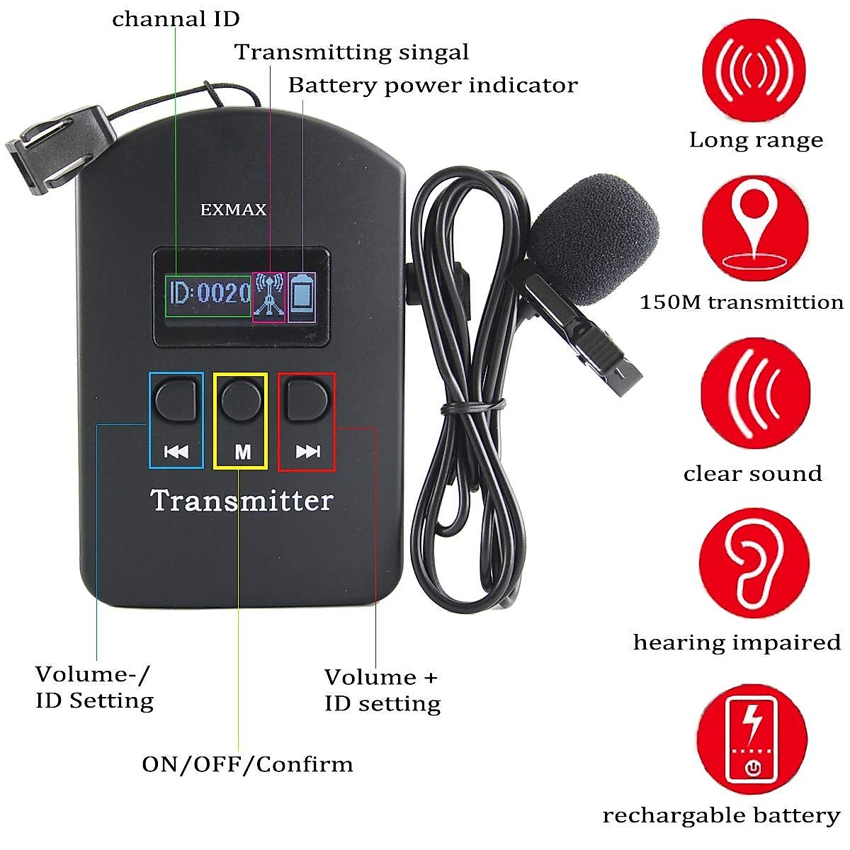EXMAX EXD-101 2.4GHz Professional Wireless Tour Guide System with 9999 Available Channels to Work for the Reception of VIPs Visited the Factory,Seminars or Exhibitions(1 Transmitter & 4 Receivers)