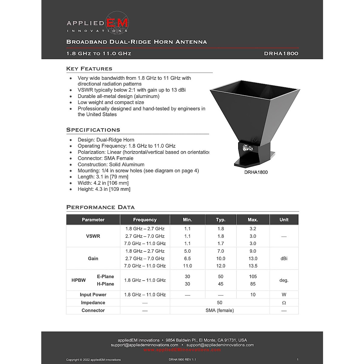 Wideband Dual-Ridge Horn Antenna (1.8 GHz to 11 GHz)