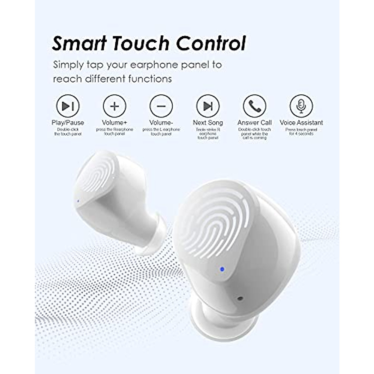 Tecno True Wireless Earbuds Noise Cancelling, Wireless Bluetooth Headphone with Microphone, Wireless in Ear Earbuds with Charging Case, Touch Control Waterproof with Mic Deep Bass for Sport White, H2