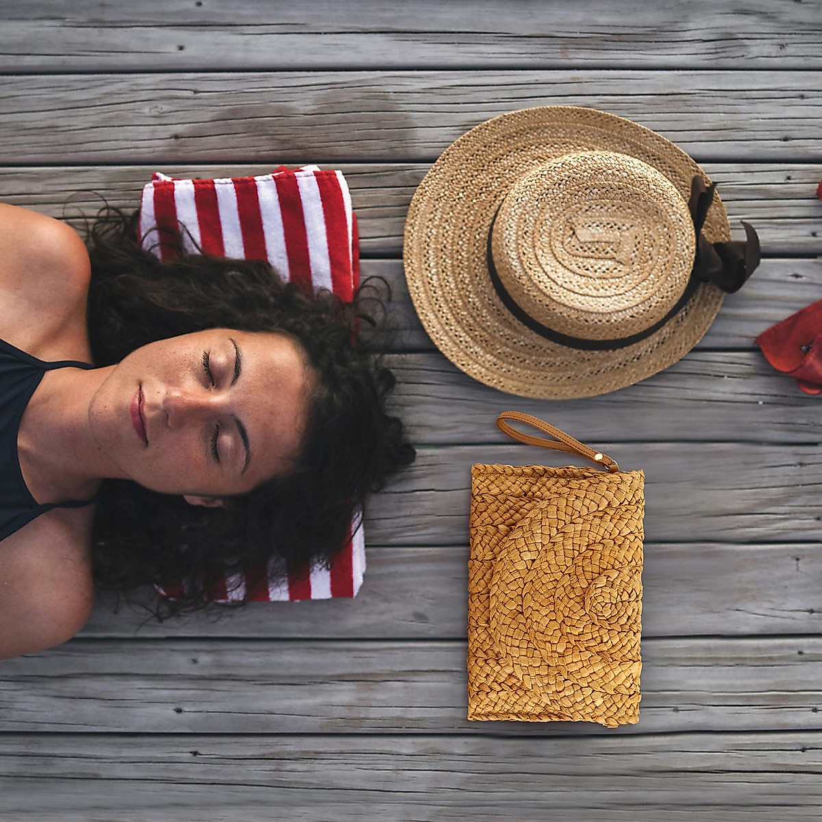 Straw Clutches Beach Bag for Women Summer Crossbody Straw Bag with Bag Strap (Coffee color)