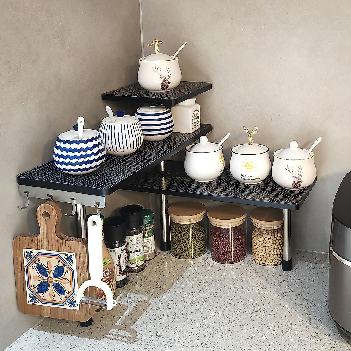HYNAWIN Countertop Shelf,Bamboo Corner Shelf Over The Table with Printed Pattern,Desktop Storage and Organization