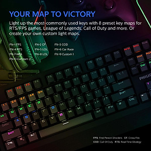 Philips Corded Mechanical Gaming Keyboard | RGB Ambiglow FX & Key Light Maps | Anti-Ghosting, N-Key Rollover | Clicky, Light-Touch Blue Switches (SPK8403)