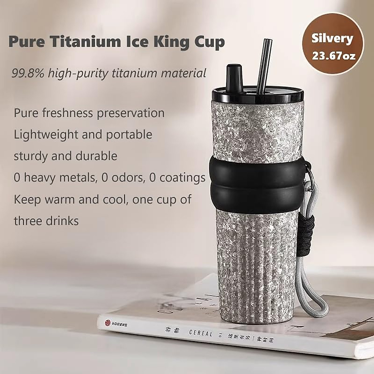 JOEY'S CHOICE 23.67oz/700ml Large Capacity Pure Titanium Double Wall Insulated Tumbler Portable Straw Ice Blaster Car Cup for Milk, Coffee, Water and Juice (Silver)
