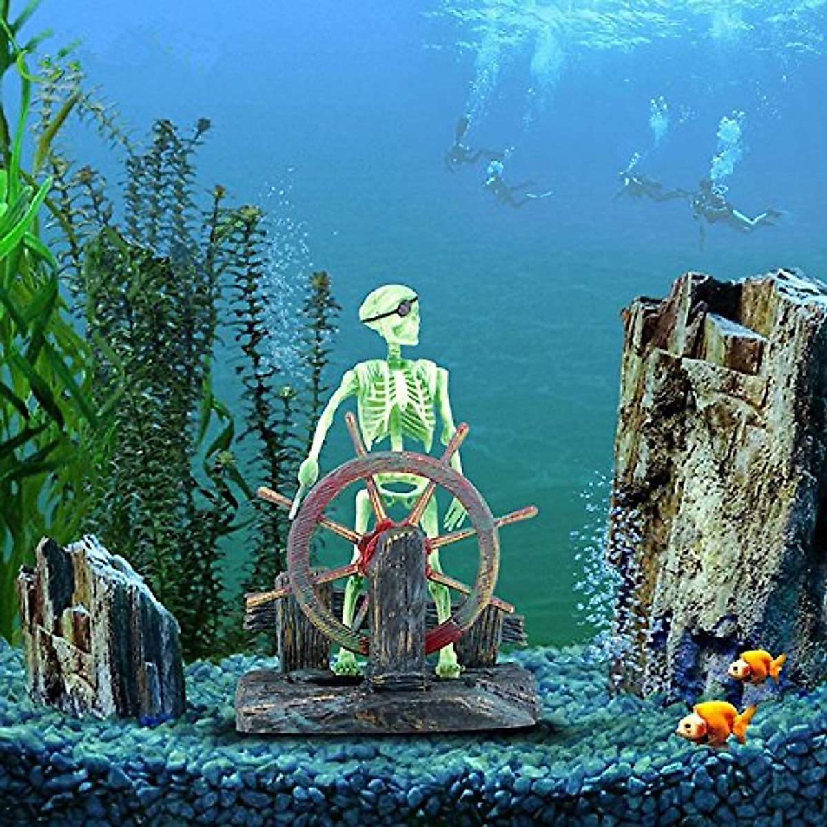 Bestgle Aquarium Decor Ornament Air-Driven Active Skeleton Pirate Captain for Fish Tank Decoration