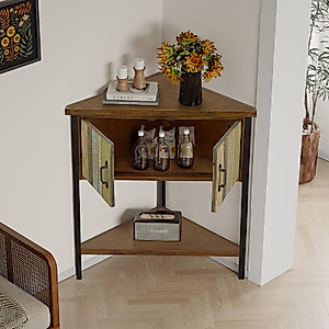 Giofanzo Corner Tables for Living Room, Small Corner Table with Storage Cabinet Table Corner Bar Accent Cabinet with Solid Wood and Metal Frame, Hand-Made Unique Corner Table（Natural Blue）