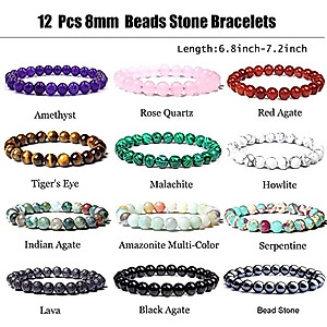 CASDAN 12PCS 8mm Gorgeous Semi-Precious Gemstones Round Beads Energy Power Crystal Reiki Healing Elastic Stretch Bracelet for Women Men Gifts