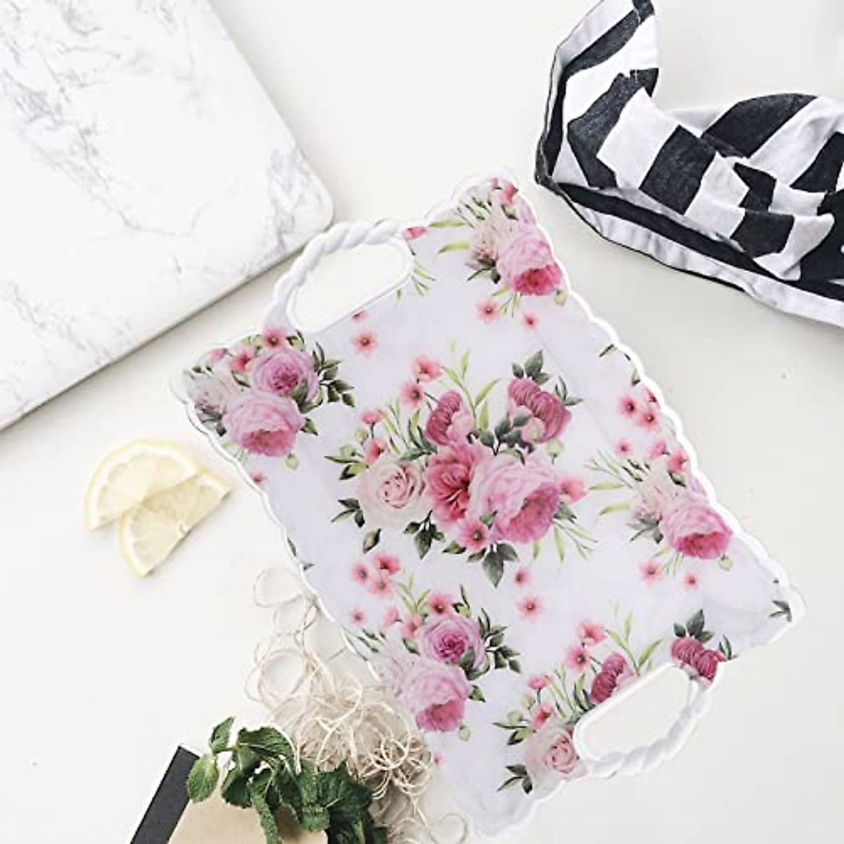 Cabilock Square Food Tray with Handle Floral Pattern Fruit Plate Snack Dessert Tray Pastry Plate Spill Proof Plastic Serving Tray Food Veggie Fruit Coffee Organizer Tray for Kitchen Bathroom Home