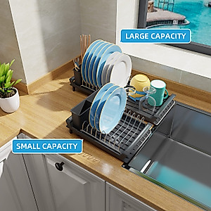 PETXPERT Dish Drying Rack, Expandable Dish Rack for Kitchen Counter with Utensil Holder, Stainless Steel Small Dish Drainer Organizer with Drainboard for Kitchen in Sink (Black)