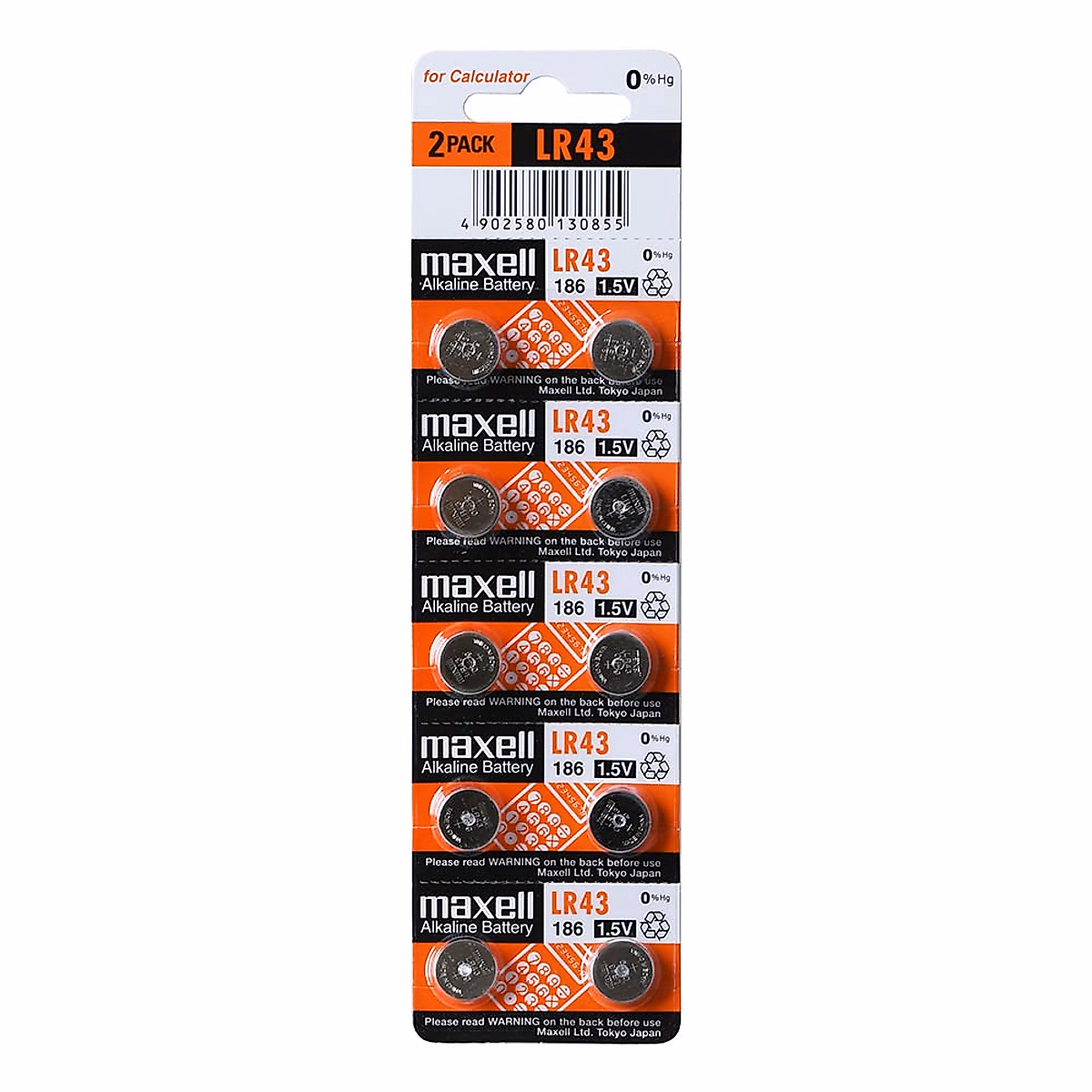 Maxell Batteries LR43 (186, AG12) Alkaline Button Size Battery, On Tear Strip (Pack of 10)