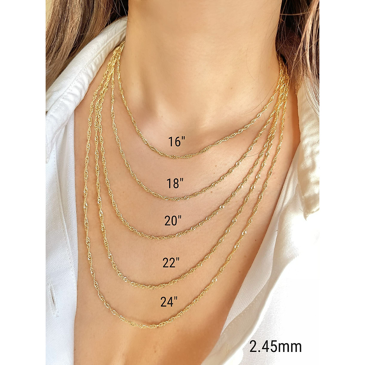 JEWELHEART 14K Real Gold Singapore Necklace - 2.45mm Diamond Cut Twisted Chain Necklace - Dainty Yellow Gold Chain For Women with Lobster Clasp 18"