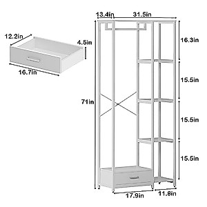 SogesHome Hall Tree with 1-Drawer, 3-in-1 Wood Cloth Garment Racks, Coat Stand with 4-Tier Side Storage Shelves, Home Storage Stand Open Display for Living-room, Bedroom, White