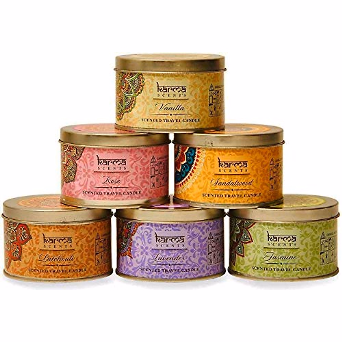 Karma Scents Scented Candles Variety Gift Pack, Lavender, Vanilla, Rose, Jasmine, Sandalwood, Patchouli, Set of 6 Different Scents