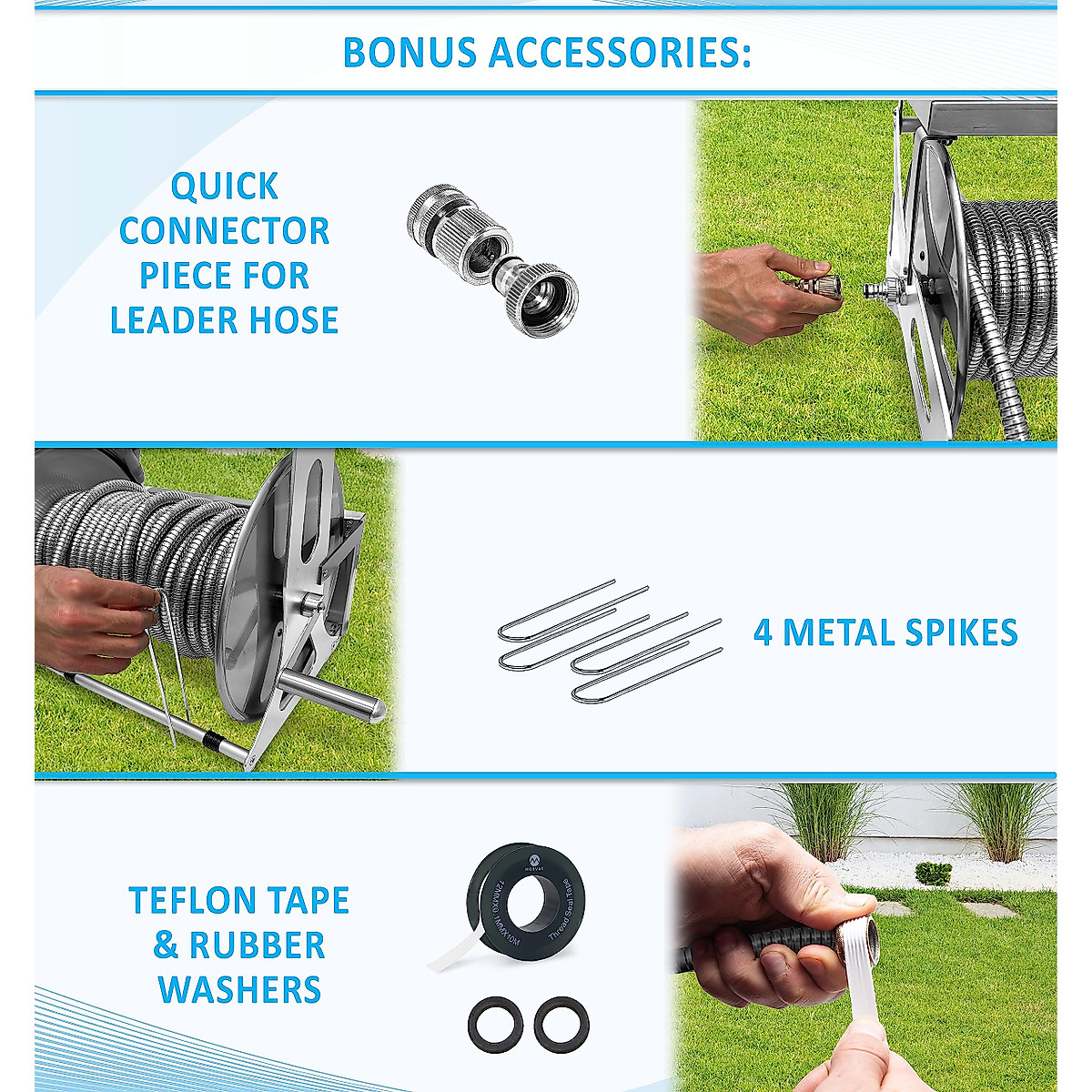 Morvat Stainless Steel Metal Water Hose Reel for 150FT Hose, Retractable Garden Hose Holder with Storage Shelf & Crank, Wall/Floor Mount, Includes 5Ft Leader Hose with ON/OFF Valve & Accessories