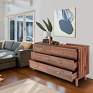 REHOOPEX 6 Drawer Dresser for Bedroom, Walnut Dresser with Chest of Drawers, Wood Storage Dresser with Wide Drawers for Closet, Entryway, Hallway, Living Room