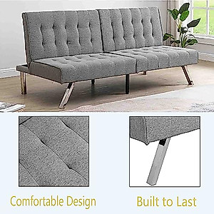 68”Convertible Futon Sofa Bed, Modern Sleeper Couch with Metal Legs, Folding Upholstered Loveseat, Linen Recliner Sofa, Wood Frame, Memory Foam Living Seat for Living Room/Apartment/Office, Grey