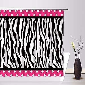 Zebra Print Shower Curtain Black White Zebra Stripe White Polka Dot on Pink Creative Patchwork for Girls Woman Modern Romance Fabric Bathroom Decor Curtain with Hooks,70Wx70H Inch