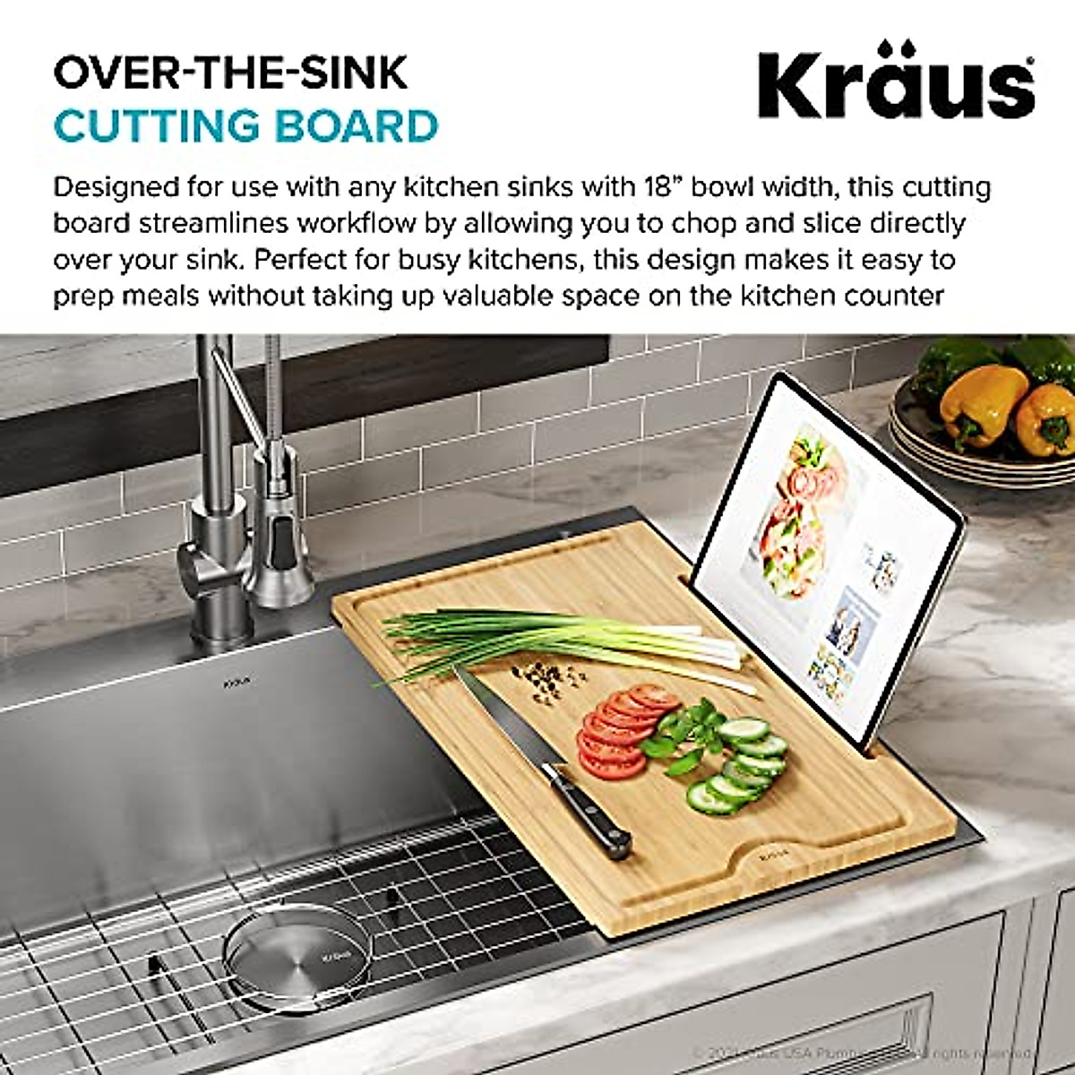 Kraus Solid Bamboo Cutting Board with Mobile Device Holder for Standard Kitchen Sink or Countertop (19 1/2 in. x 12 in.), KCBT-103BB