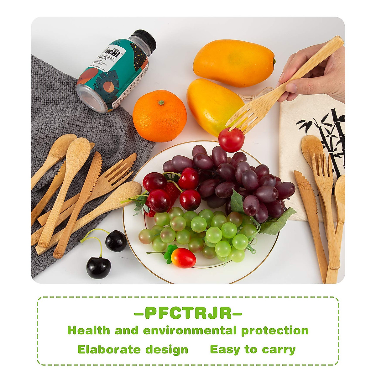 PFCTRJR Bamboo Cutlery Set -30 PCS Reusable Bamboo Utensil Fork Knife Spoon-Bamboo Flatware Sets for Camping, Travel, Picnic, Office, School,Bamboo Silverware Set with Pouch Bag