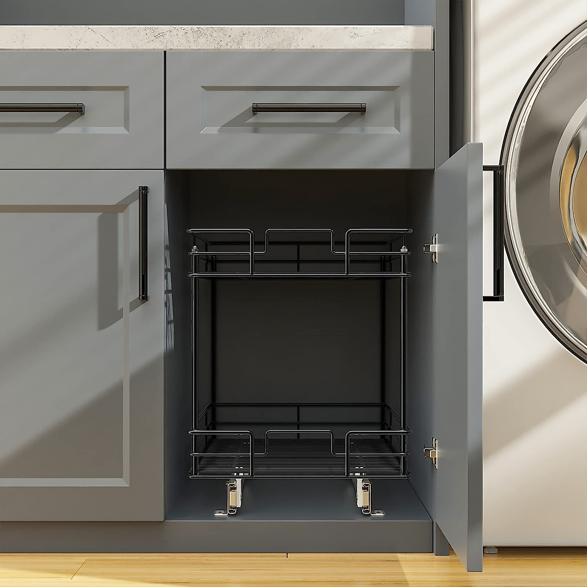 LOVMOR Pull Out Cabinet Organizer and Storage (14" W x 18" D) 2-Tier Pull Out Shelf Storage for Kitchen Base Cabinet Black