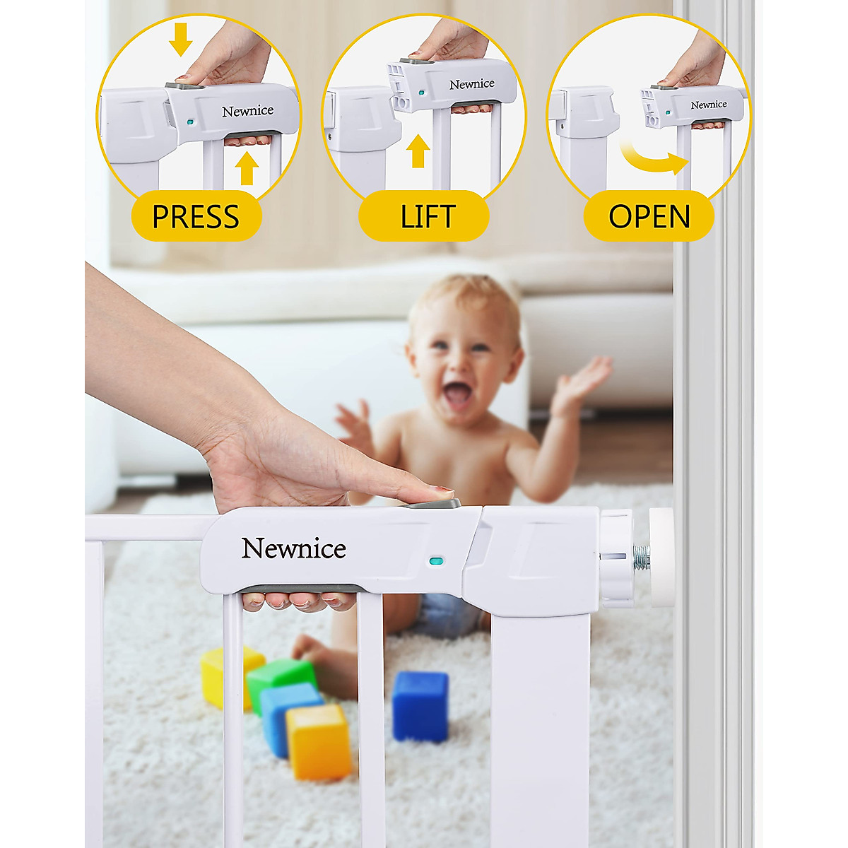 Newnice 40.6" -29.7" Auto Close Baby Gate with Small Cat Door, Easy Walk Thru & Durable Dog Pet Gates for Stairs, Doorway, House, Pressure Mounted Safety Child Gate Includes 4 Wall Cups