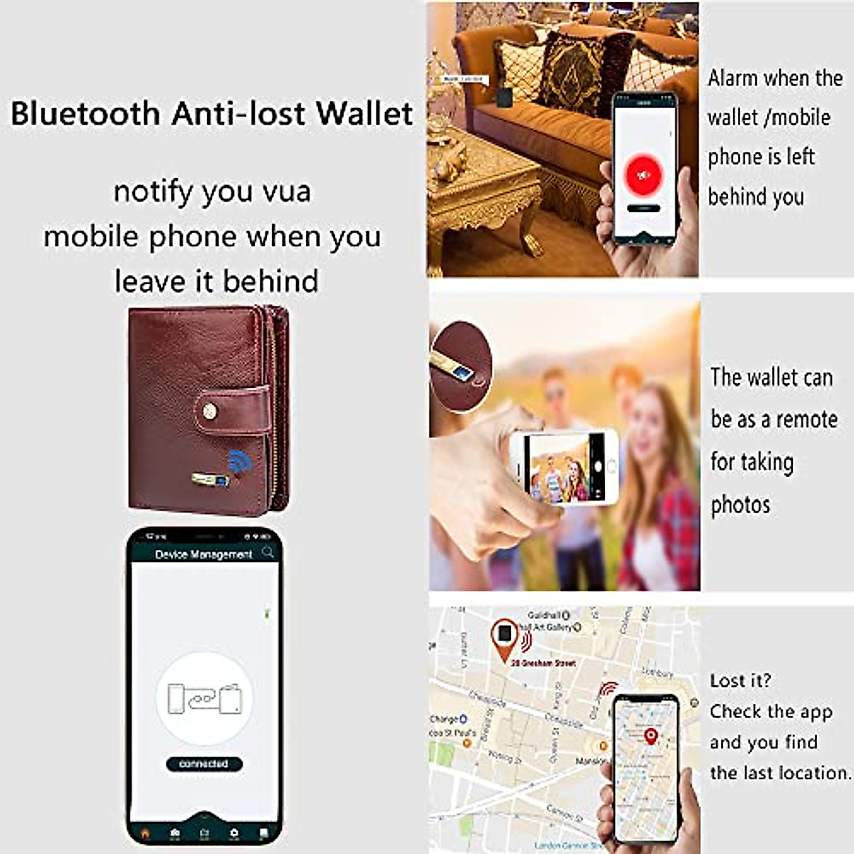 Anti-Lost Bluetooth Wallets Tracker Wallet Position Record Via Phone GPS Mens Wallets Bifold Leather