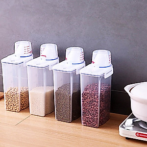 LDHHYH 4 Pack 5.5 LB Rice Storage Containers, Clear Rice Storage Bin with Measuring Cup & Pour Spout, Cereal Containers Dispenser, Kitchen Plastic Rice Holder Saver for Flour Grain Bean