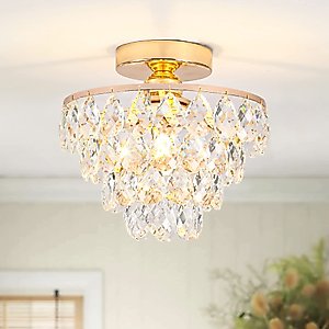 Luupyia Gold Crystal Chandelier Small Modern Chandelier, Mini Ceiling Light Flush Mount Crystal Chandelier Hallway Light Fixtures Ceiling Crystal Light for Hallway Bedroom Hall Living Room