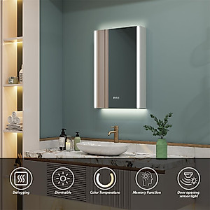 WELLFOR 20" x 30" LED Mirrored Bathroom Cabinet, Mirror Medicine Cabinet with Lights, 8mm Luminous Tempered Glass, Outlets & USB Ports, Single Right Opening Door