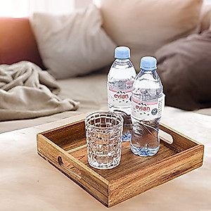 YOUEON Set of 2 Acacia Wood Serving Tray with Handles, 10x10x2 Inch Decorative Serving Trays, Ottoman Tray, Coffee Table Tray, Square Wood Tray for Food, Dinner, Coffee, Wine, Appetizer