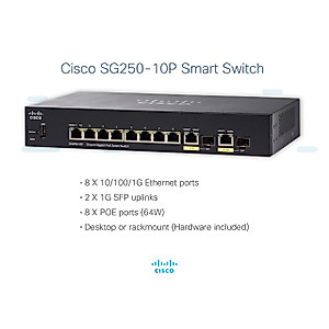 Cisco SG250-10P Smart Switch with 10 ports Gigabit Ethernet (GbE) Ports, 2 Gigabit Ethernet Combo SFP, 62W PoE, Limited Lifetime Protection (SG250-10P-K9-NA)