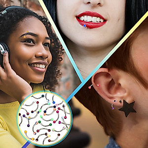 CrazyPiercing Colorful Acrylic Ball Stainless Steel Curved Bar Eyebrow Rings Tragus Piercing, 50Pcs, 16G (Stainless Steel Bar)