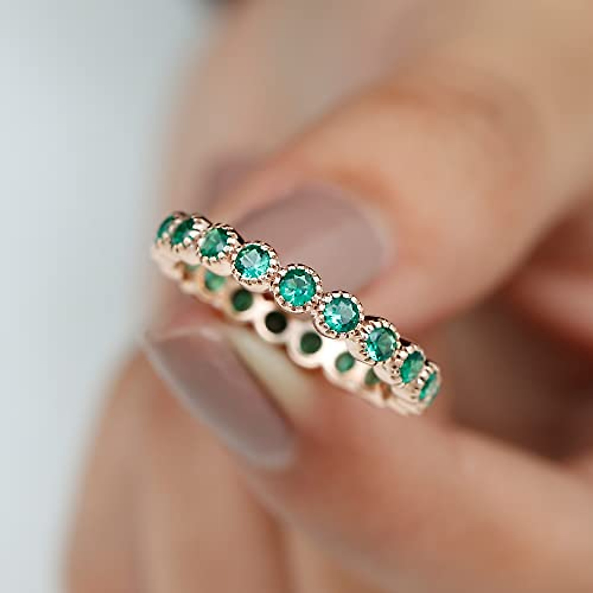 Certified Lab Grown Emerald Full Eternity Band, AAAA Quality, Emerald Wedding Ring for Women- Ready to Gift, 14K Rose Gold, Size:US 7.50