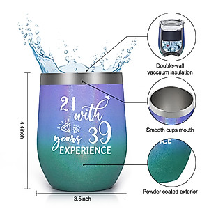 60th Birthday Gifts for Women - 60th Birthday Wine Tumbler for Women, 12oz Insulated Wine Tumbler with Lid and Straw, Great Birthday Gifts for Anniversary Decorations (Glitter Violet Ombre)…