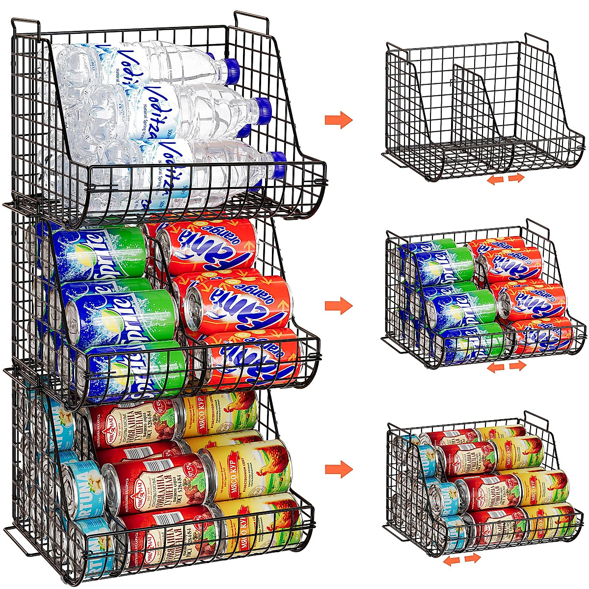 Stacking Can Dispensers 3 Tier with 3 Divider, Pantry Can Organizer, Standing Water Bottle Holder, Beverage Drink Pop Soda Can Storage Basket, Canned Food Container Rack Wire Bins for Kitchen Cabinet