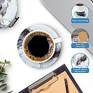 Coasters with Holder, Absorbent Coasters by DSNDVES, Set of 6 Ceramic Coasters, Marble Style Drink Coasters with Cork Base, Bar Coasters, Round Stone Coasters for Table Protection Black