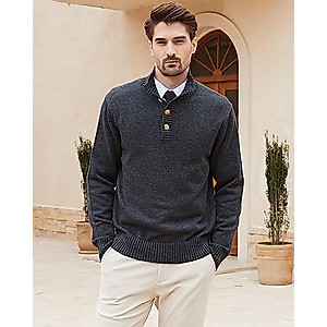 Kallspin Men's Pullover Sweater Wool Midweight Mock Neck Quarter-Button Long Sleeve Pullover(Charcoal Large)