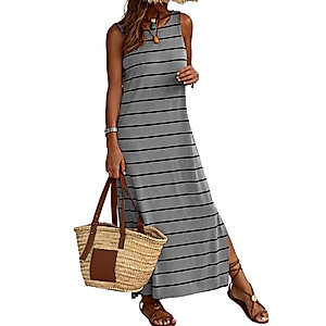 BLENCOT Womens Sleeveless Striped Racerback Maxi Sundresses Backless Beach Long Tank Dresses Gray XL