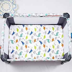 PHF 3 Pack Soft Mini Crib Sheets, Dinosaur Silky Pack N Play Sheets for Baby Boys Girls, Universal Fit for Pack N Play, Playard, Portable and Mini Crib Mattresses,Navy Dinosaur