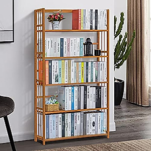 MoNiBloom Bamboo Wide 5-Tier Bookshelf Large Adjustable Bookcase Shelf Organizer Rack in Living Room Study Library Home Office, Natural