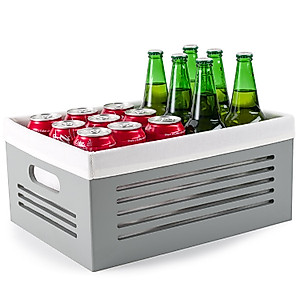 Large Wooden Crate for Storage - Decorative Wood Storage Boxes for Home Books Clothes Toys, This wood crate box/Basket/Bin Organizer is Lined with Machine Washable Soft Linen Fabric - Grey, Large