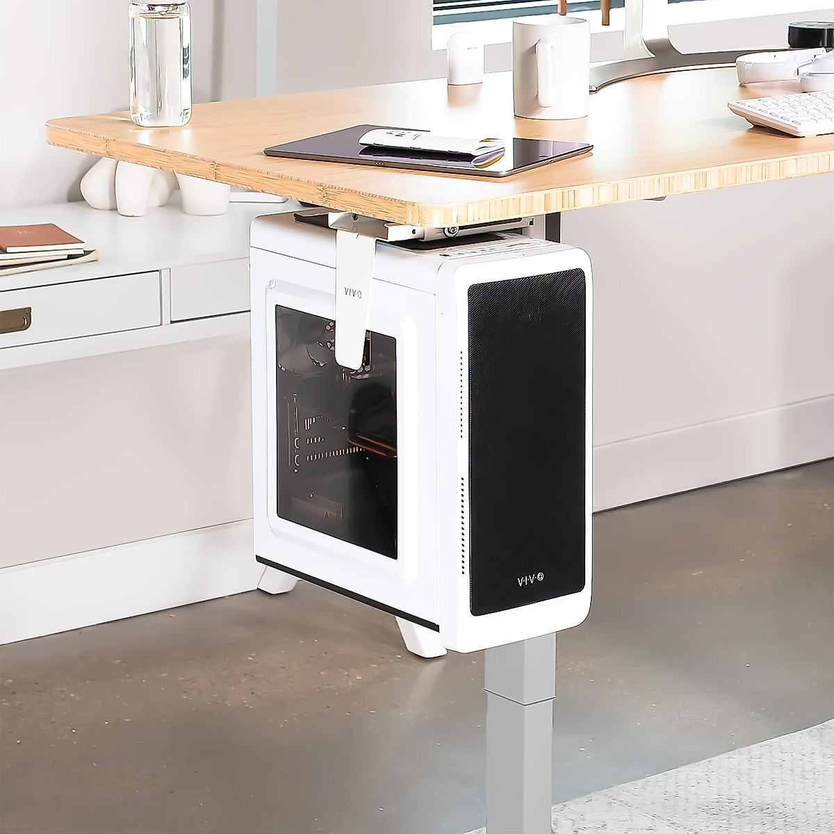 VIVO Adjustable Under Desk and Wall Mount for PC 3.5 - 7.8 inches Wide, Computer Case CPU Holder with Swivel and Secure Locking, White, MOUNT-PC01W