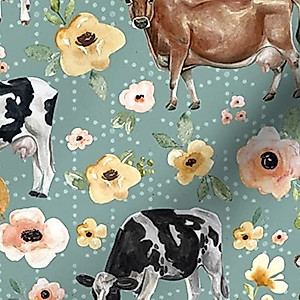 Spoonflower Fabric - Farmhouse Blue Cows Flowers Large Pink Floral Dots Spring Watercolor Printed on Petal Signature Cotton Fabric by The Yard - Sewing Quilting Apparel Crafts Decor