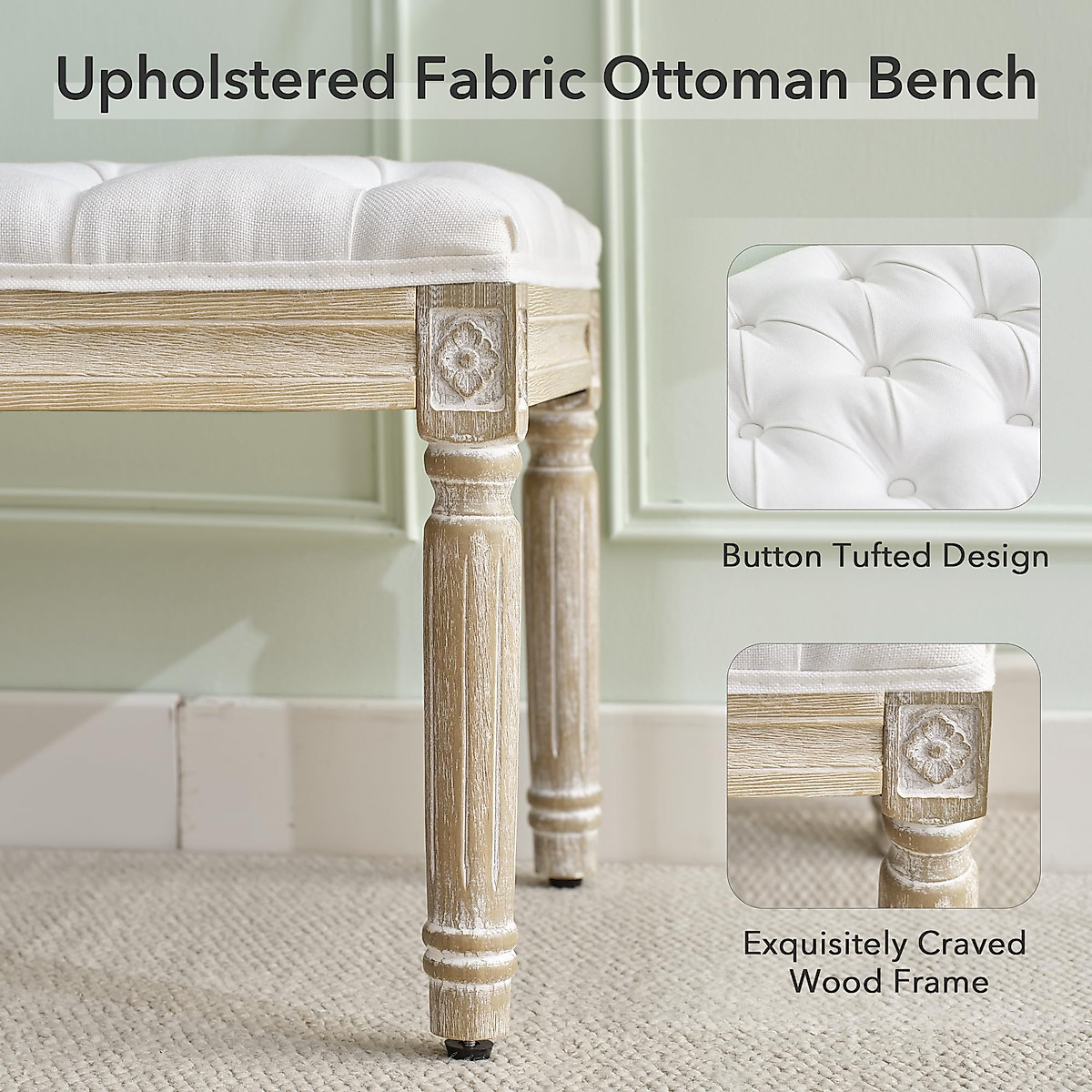 LOULENS French Vintage Bench, Linen Fabric Entryway Bench, Upholstered Tufted End of Bed Bench with Brushed Wood Legs, White