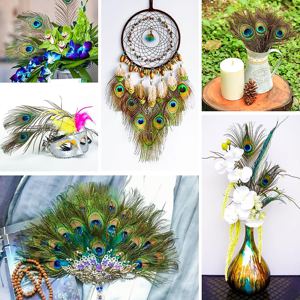 Piokio 50 pcs Natural Peacock Feathers in Bulk 10-12 inch(25-30 cm) Bulk for DIY Craft, Wedding, Mardi Gras Decoration