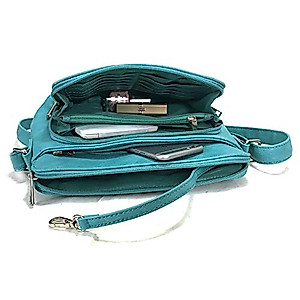 Zzfab Small Multi-pocket Faux Soft Leather Cross Body Purse with Side Organizer Turquoise