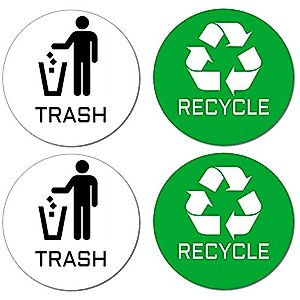 Recycle & Trash Stickers (2 Trash + 2 Recycle, Premium Quality) for Use on Trash Cans & Recycle Bins of All Types; 4" Round with Adhesive on Back (2 White Trash + 2 Green Recycle)