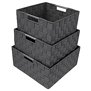 Sorbus Storage Box Woven Basket Bin Container Tote Cube Organizer Set Stackable Storage Basket Woven Strap Shelf Organizer Built-in Carry Handles (Gray)