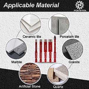 Dry Diamond Drill Bits Set - FOCSTOL 4pcs 6/8/10/12mm Diamond Hole Saw & 1pc 6mm Carbide Drill with Quick Change Hex Shank for Ceramic Porcelain Tile Marble Granite Quartz