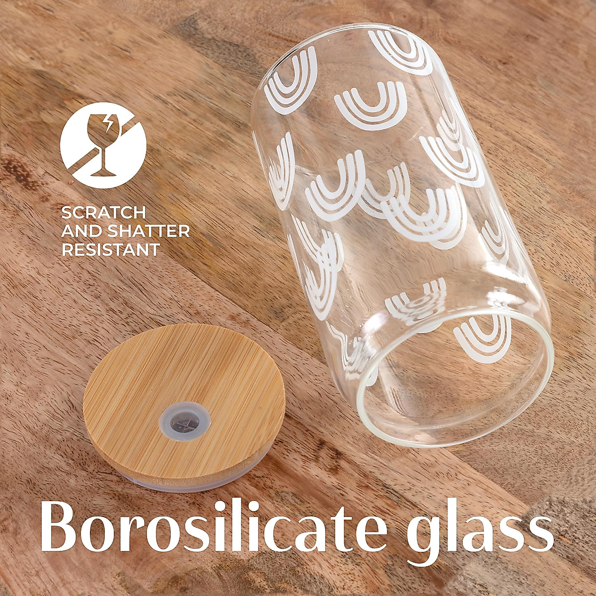 Drinking Glasses with Bamboo Lids - 16oz Glass Cups with Airtight Lid and Wide Silicone Straws - Set of Four - Can Shape Glassware with Fun Designs